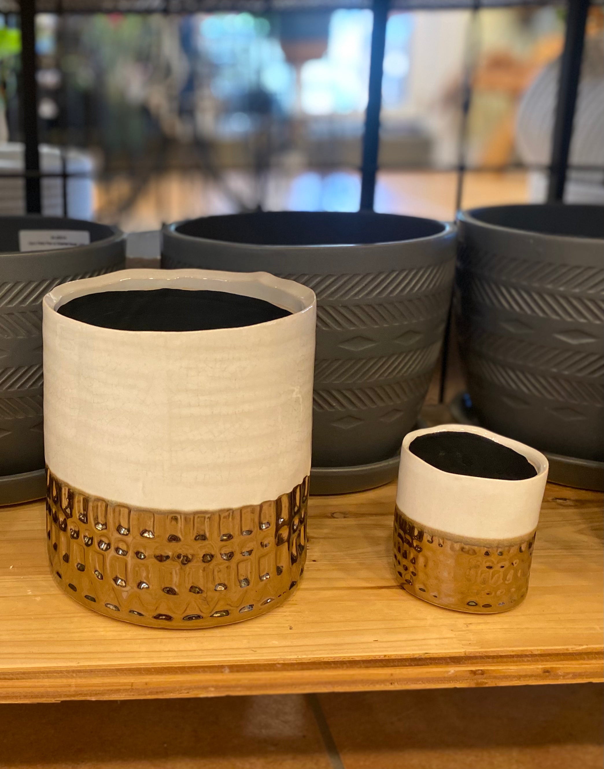 Two-Tone White and Metallic Gold Planters – True Blue Nursery